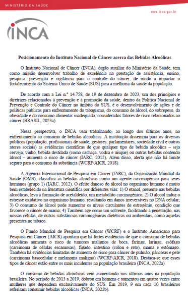 Posicionamento do Instituto Nacional de Câncer acerca das Bebidas ...